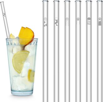 Halm HALM Glasstrohhalme 6 St&uuml;ck graviert: S&uuml;&szlig;e Kater + Katzenpfoten Motive - Strohhalme 23 cm - K&auml;tzchen Pfoten Liebhaber Geschenkidee - Sp&uuml;lmaschinenfest