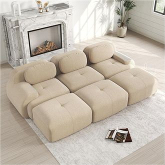 Generic L-f&ouml;rmiges modulares Cordsofa, modulares Ecksofa, Dreisitzer-Sofa, rahmenloses Sofa, ergonomisch, hochelastisch 32D gepolstert, for Wohnzimmer(Beige,3