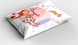 Abakuhaus L&ouml;wenzahn Kissenbezug, Cartoon M&auml;dchen und Katze, Dekorativer Standard King Size Gedruckter Kissenbezug, 80 x 40 cm, Mehrfarbig