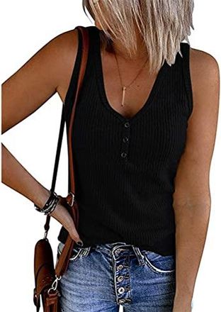 ORANDESIGNE Débardeur en Tricot à col en V pour Femme Chemises Henley sans Manches Boutonné en Tricot Côtelé Gilet Sexy Coupe Basse Chemisier Slim Stretch Été Déc