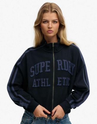 Superdry Athletic Essentials - Lockeres Trainingsoberteil in Eclipse Marineblau mit Rei&szlig;verschluss und Applikation