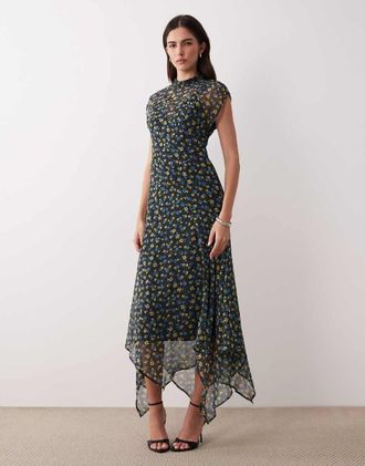 Asos Hochgeschlossenes Chiffon-Maxikleid in Schwarz mit Zipfelsaum und Blumenmuster-Bunt
