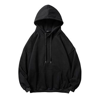 Generic Sweat à capuche à épaules tombantes pour homme, col rond, en polaire douce, pull à capuche décontracté pour homme, sweatshir, Noir, 4XL