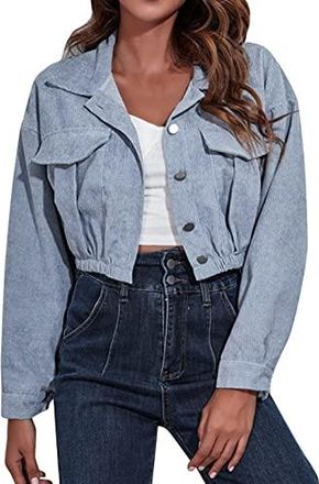 Generic Vestes pour femmes 2026 en velours c&ocirc;tel&eacute; &agrave; manches longues et &eacute;paules tombantes, bleu clair, M