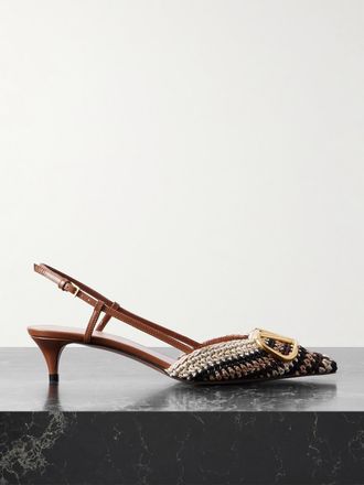 Valentino Garavani Vlogo Signature 45 Slingback-pumps Aus H&auml;kelmaterial Mit Lederbes&auml;tzen - Braun