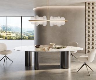 DELIFE Esstisch Edge Oval 280x130 Keramik Minas Melange Wei&szlig;-Beige Troa Edelstahl Graphit, Esstische