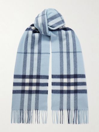 Burberry &Eacute;charpe En Cachemire &Agrave; Carreaux Et &Agrave; Franges - Bleu