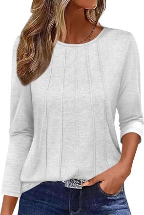 Onsoyours Shirt Damen 3/4 Arm Rundhals Mit Falten Tshirt Leichte Pullover Sommer Herbst Oberteile Casual Basic T-Shirts A Wei&szlig; XXL