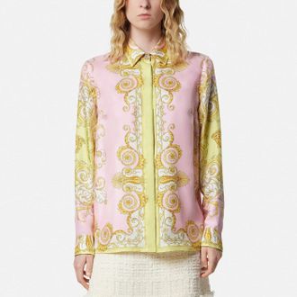 Versace Hemd aus bedrucktem Seidentwill in Gelb/Rosa