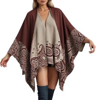 Generic Poncho Femme Hiver Chaud Chale Femme Hiver Chaud Cape Femme Effet enveloppant Cape Ouverte Devant Frange Classique Amovible Voyage Temps Frais
