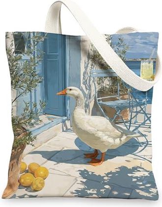 Generic Sacs fourre-tout en toile artistique, sacs dépicerie réutilisables, légers et lavables avec bandoulière, blanc, 13x15 Inch