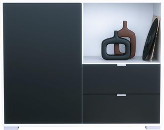 Vladon Kommode Milano, Sideboard mit 1 Tür und 2 Schubladen Schwarz matt, Made in Germany, Korpus Weiß matt (103 x 83 x 37 cm)