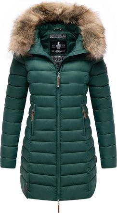 Marikoo Damen Wintermantel warmer Steppmantel lang mit Kapuze und abnehmbarem Kunstfell-Kragen Rose Evergreen Gr. 3XL