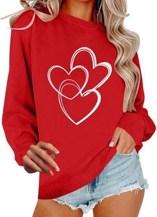 Generic Sweat-shirt rouge &agrave; imprim&eacute; romantique pour femme, doux &agrave; manches longues, confortable, haut pour tous les jours, haut l&eacute;ger &agrave; manches longues, tuniqu