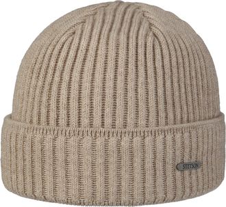 Stetson Parkman M&uuml;tze Strickm&uuml;tze Umschlagm&uuml;tze Rippm&uuml;tze Damen Herren Made in EU Herbst Winter 100% Merinowolle beige-meliert One Size