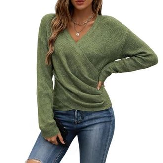 Generic &Eacute;l&eacute;gant pull d&eacute;contract&eacute; en tricot &agrave; col en V pour femme, pull crois&eacute; &agrave; manches longues, haut dautomne d&eacute;contract&eacute;, fronc&eacute;, Vert, XXL