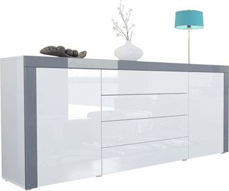 Vladon Sideboard Kommode La Paz, Made in Germany, Korpus in Weiß Hochglanz/Front in Weiß Hochglanz mit Rahmen in Grau Hochglanz