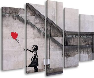 Feeby Leinwandbild 5-teilig 200x100 cm Straßenkunst Banksy Graffiti Bild Wanddeko Wand Bild Kunstdruck Deko Wohnzimmer Mädchen mit Luftballon Fototapete Gra