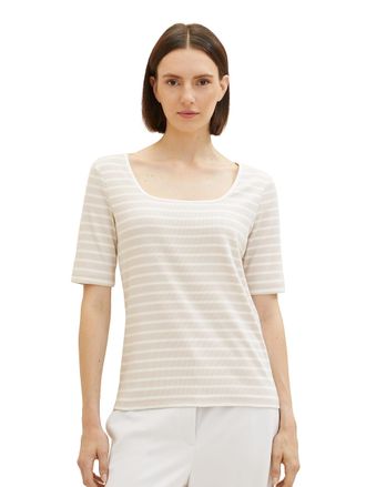 Tom Tailor Damen 1038055 T-Shirt mit Rippstruktur & Streifen, 32396-grey Offwhite Stripe, M