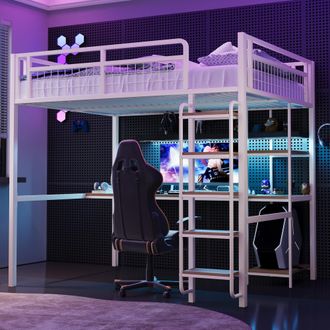 Merax Kinderbett Hochbett,Metall,140x200 cm, mit Schreibtisch,mehrere Regalen,Sicherheitsleiter mit Treppenstufen, Metallgitter-Sicherheitszaun, für Kinder 