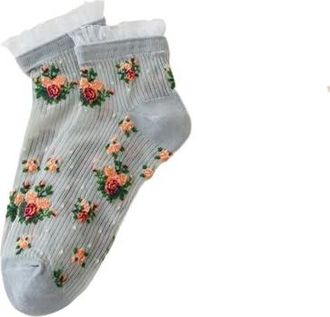 Generico Chaussettes florales &agrave; volants en dentelle, chaussettes transparentes ultra-fines pour femmes (5 paires), Gris, Taille Unique