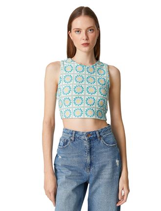 Koton Women Crew Neck Sleeveless Floral Crop Top