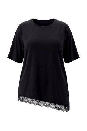 Ulla Popken T-Shirt T-Shirt asymetrischer Saum mit Spitze Rundhals