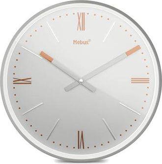 Mebus Wanduhr TinyTime mit römischen Ziffern | Wanduhr ohne Tickgeräusche | Durchmesser 25 cm | klassisches Zifferblatt in Hellgrau | Silbernes Gehäuse | Ku