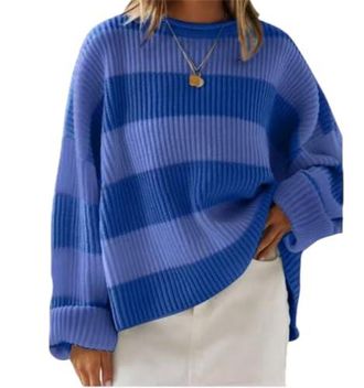 Generic Pull ray&eacute; c&ocirc;tel&eacute; &agrave; col rond pour femme, manches longues, rayures surdimensionn&eacute;es, Bleu fonc&eacute; + bleu clair, 1X