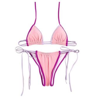 Generic Maillot de bain pour femme taille haute col en V dos nu triangle push-up rembourr&eacute; pour les vacances, rose, M