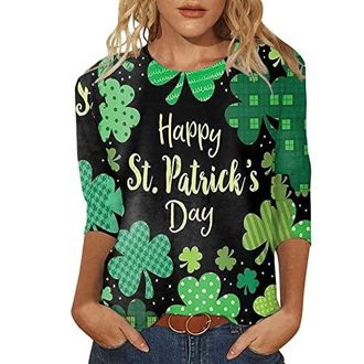 Generic T-shirt Happy St. Patrick pour femme - Imprim&eacute; tr&egrave;fle porte-bonheur - Chemisier &agrave; manches 3/4 - Col rond - Haut &agrave; motif de tr&egrave;fle - Pull d&eacute;contract&eacute; -
