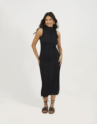 Brave Soul Robe mi-longue sans manches en jersey textur&eacute; &agrave; col montant - Noir