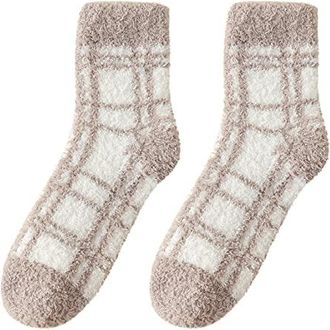 Generic Chaussettes de couchage en peluche à carreaux pour femme - Chaussettes de couchage en velours corail pour femme - Chaussettes moelleuses et confortabl