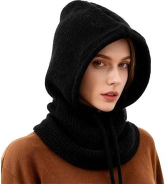 Generic BCQTD Chapeaux dhiver pour femmes - Cagoule dhiver en tricot - Bonnet en tricot avec cordon de serrage - &Eacute;charpe &agrave; capuche chaude - Pour femme, Noir, 