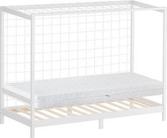 ML Design ML-Design Kinderbett Fu&szlig;balltor 90x200 cm mit Matratze H:16cm, Wei&szlig;, Kinder Einzelbett, Holzbett mit Lattenrost/Tornetz, Jugendbett Kiefernholz, Bettg