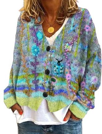 Generic Cardigan dautomne en coton tricoté à col en V, cardigan décontracté extensible à motif marguerite pour femme, Motif 04, XXL