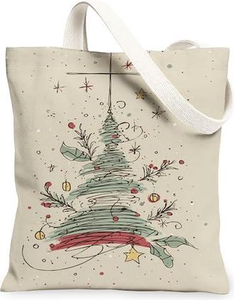 Generic Sacs fourre-tout en toile motif sapin de No&euml;l, sacs d&eacute;picerie r&eacute;utilisables, vintage, l&eacute;gers et lavables avec bandouli&egrave;re, beige, 13x15 Inch