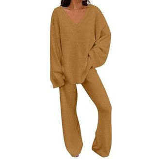 Generic Ensemble cardigan &agrave; manches longues pour femme - Ensemble de jogging pour femme - Pantalon de surv&ecirc;tement pour femme, caf&eacute;, XXXL