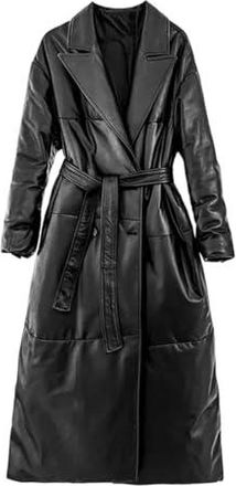 Generic Doudoune longue en cuir pour femme - Manteau en duvet de mouton &agrave; double boutonnage avec ceinture - Noir, Noir, L