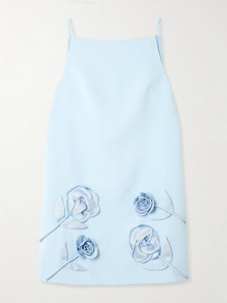 Self Portrait Appliqu&eacute;d Satin-trimmed Crepe Mini Dress - Blue