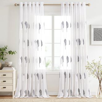 Miulee Wohnzimmer Gardinen Transparent mit Grau und Weiss Blätter Muster, Modern Stickerei Gardinen Ösen für Schlafzimmer Deko, 2er Set Schöne Blätter Muster