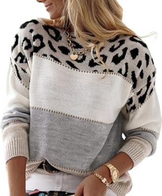 Generic Pull d&eacute;contract&eacute; &agrave; manches longues pour femme - Imprim&eacute; l&eacute;opard - Pull en tricot surdimensionn&eacute; - Pull dautomne ample &agrave; col rond, 004-abricot, 3XL