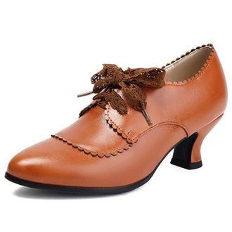 Generic Qynthra Chaussures Oxford Femme Style Collégien Bout Rond Talon Moyen Lacets Cuir PU avec Bord Ondulé Rétro pour École Et Quotidien,Marron,42 EU