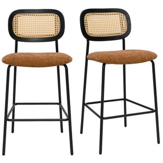 Miliboo Tabourets design en tissu effet velours textur&eacute; terre brul&eacute;e, m&eacute;tal noir et cannage rotin (lot de 2) MIRANDA