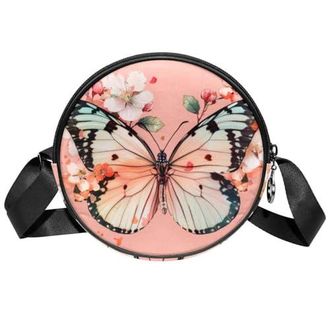 Generic Sac &agrave; bandouli&egrave;re rond pour femme, motif fleurs et papillons, sac &agrave; dos avec fermeture &eacute;clair, bretelles r&eacute;glables, sac &agrave; main rond d&eacute;contract&eacute; pour f