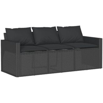 vidaXL Gartensofa mit Kissen 3-Sitzer Schwarz Poly Rattan Vidaxl