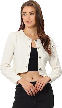 Allegra K Veste en jean pour femme sans col boutonnée, blanc, S