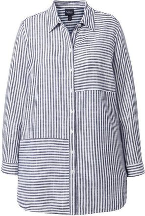 Ulla Popken Satinbluse Bluse Leinenmix Patchmuster Hemdkragen Langarm