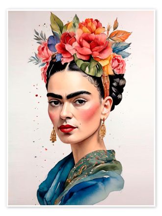 Posterlounge Frida Kahlo mit Blumen im Haar II Poster von nobelart 30 x 40 cm Bunt Wandbilder Wanddeko