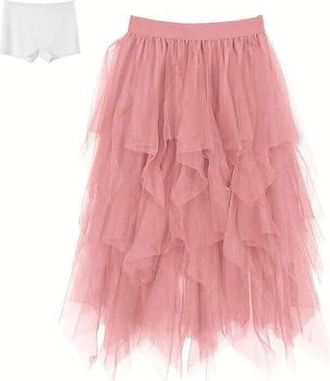 Generic Jupe en Tulle Superpos&eacute;e pour Femme, Jupe Midi Bouffante Taille Haute &Eacute;lastique avec Design en Maille Fluide Asym&eacute;trique, pour Entra&icirc;nement De Danse E